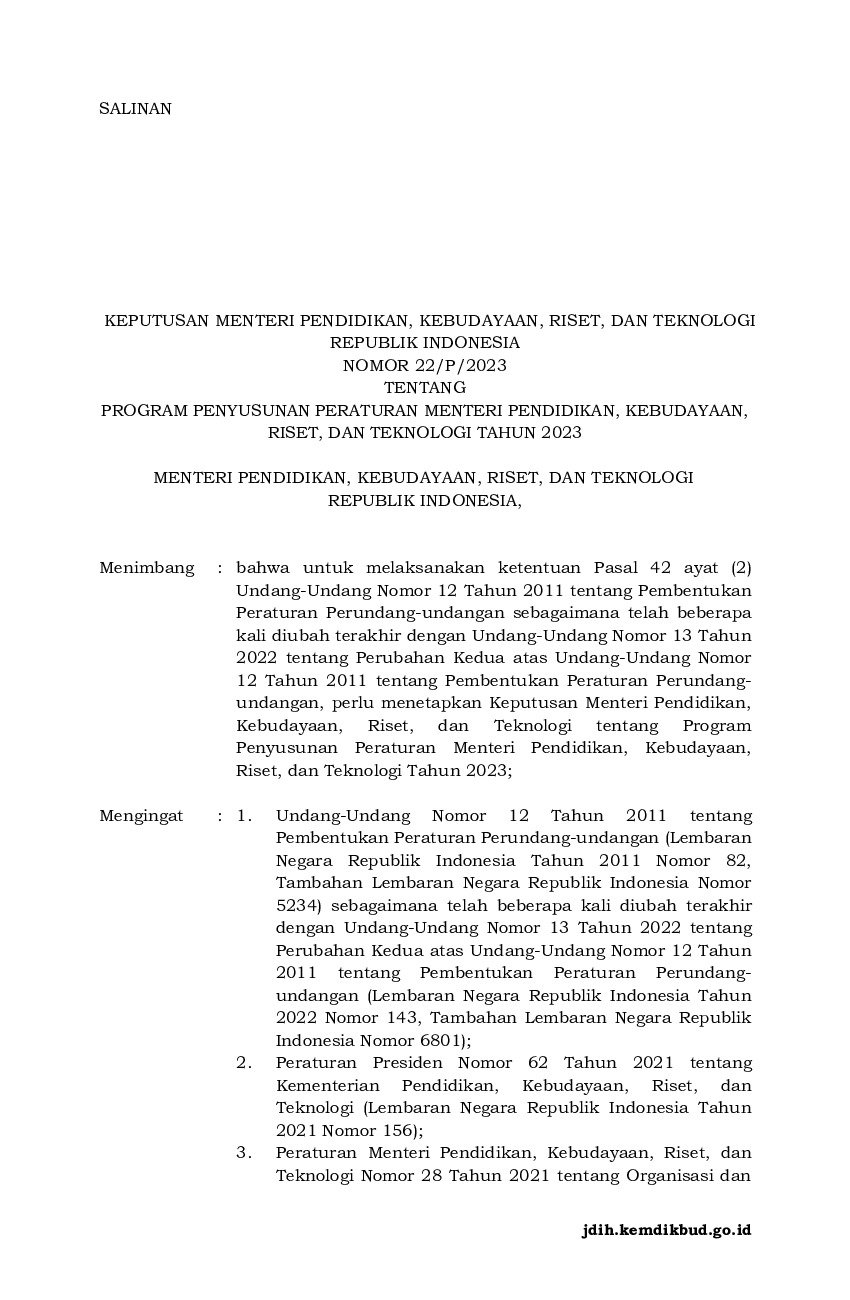 Keputusan Menteri Pendidikan, Kebudayaan, Riset, dan Teknologi (Dikbudristek) No 22/P/2023 tahun ...