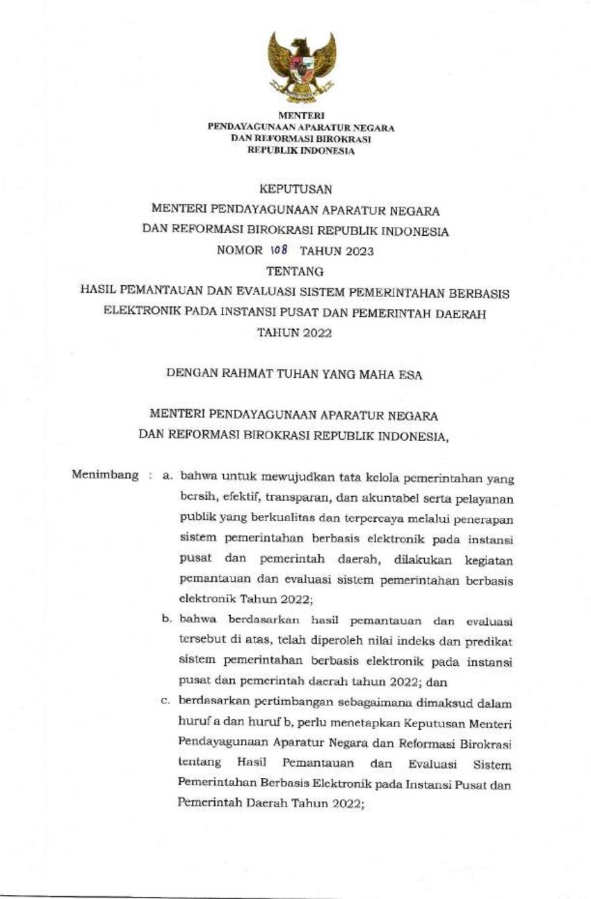 Keputusan Menteri Negara Pendayagunaan Aparatur Negara dan Reformasi Birokrasi No 108 tahun 2023 ...