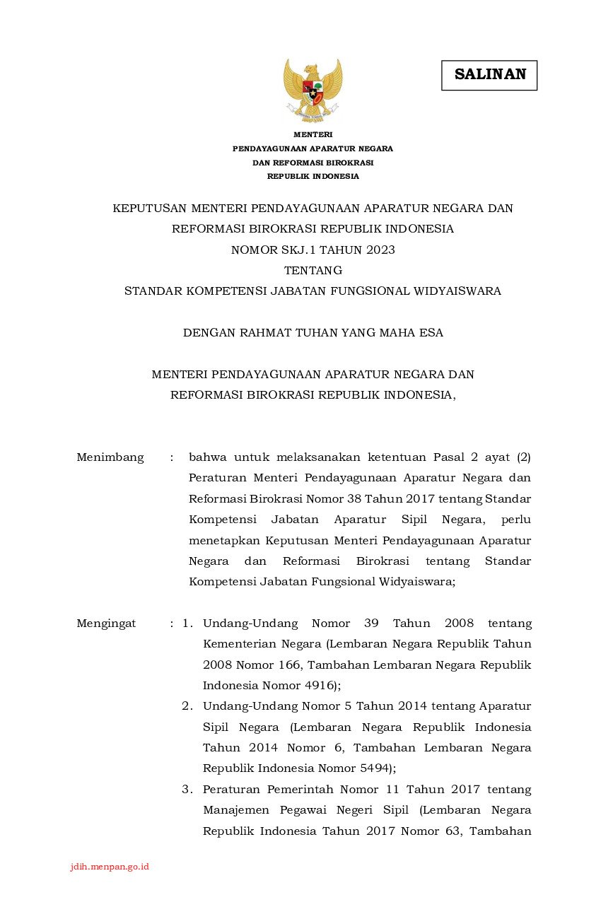 Keputusan Menteri Negara Pendayagunaan Aparatur Negara dan Reformasi Birokrasi No SKJ.1 tahun ...