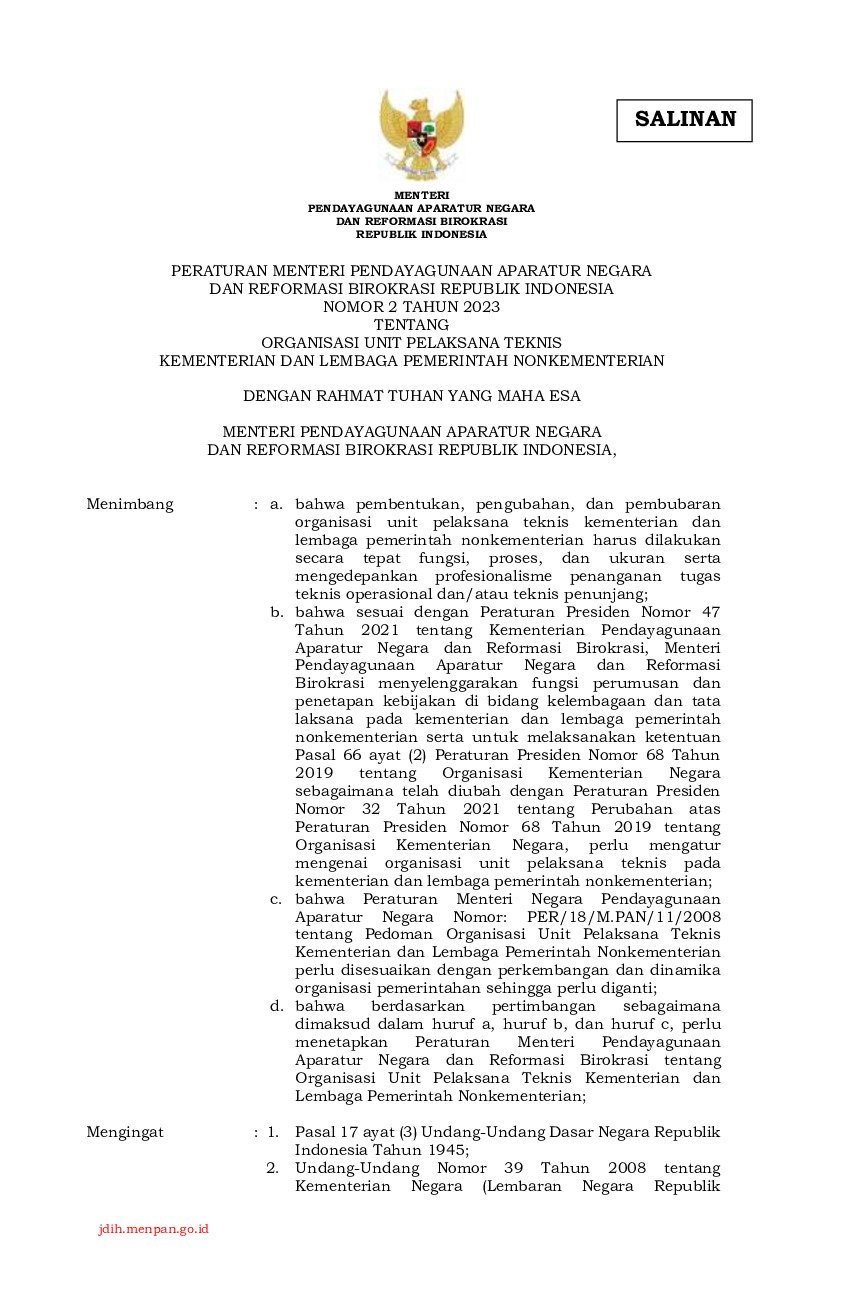 Peraturan Menteri Negara Pendayagunaan Aparatur Negara dan Reformasi Birokrasi No 2 tahun 2023 ...