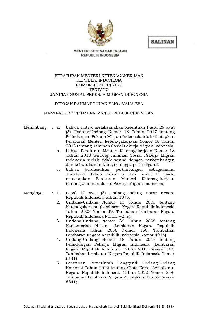 Peraturan Menteri Ketenagakerjaan No 4 tahun 2023 tentang Jaminan ... Peraturan Menteri Ketenagakerjaan No 4 tahun 2023 tentang Jaminan ...