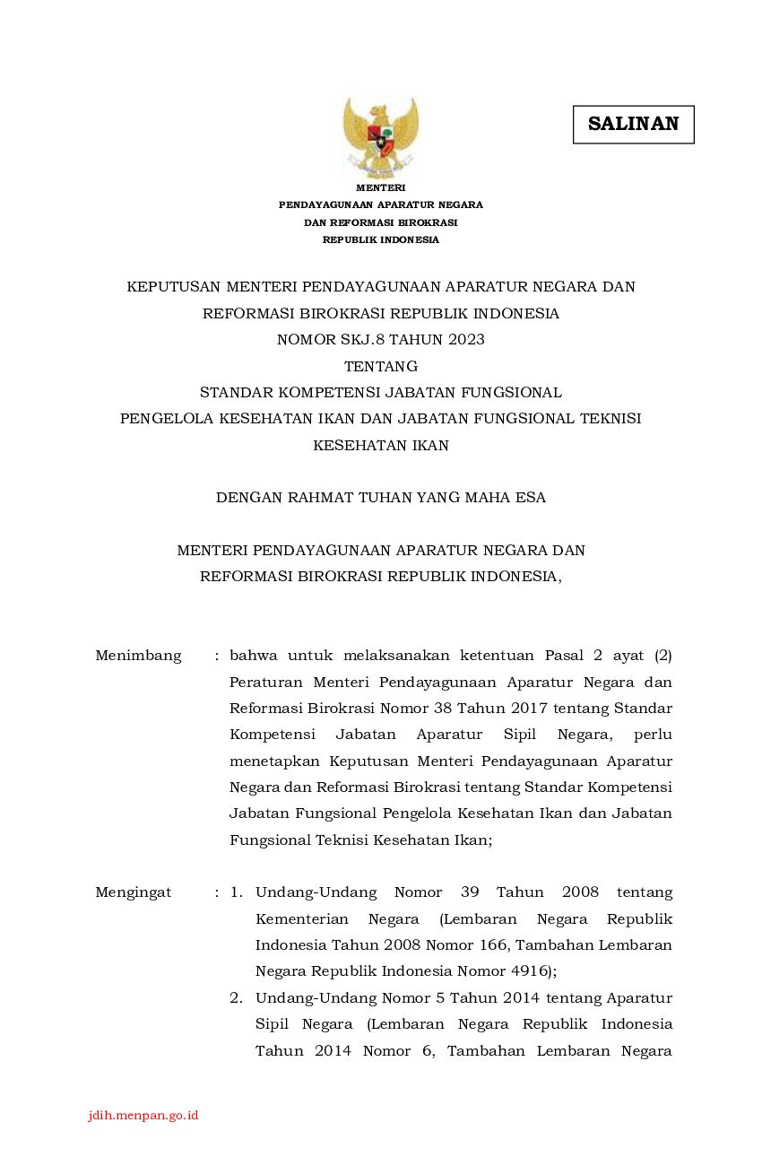Keputusan Menteri Negara Pendayagunaan Aparatur Negara dan Reformasi Birokrasi No SKJ.8 tahun ...