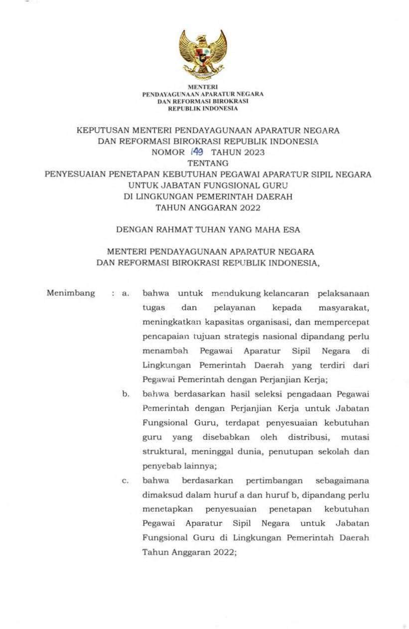 Keputusan Menteri Negara Pendayagunaan Aparatur Negara dan Reformasi Birokrasi No 149 tahun 2023 ...