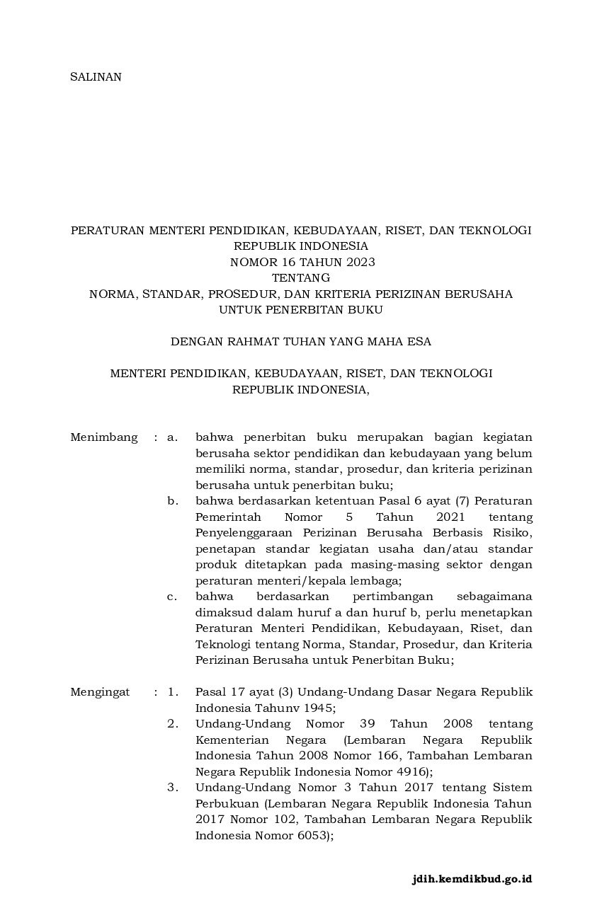 Peraturan Menteri Pendidikan, Kebudayaan, Riset, dan Teknologi (Dikbudristek) No 16 tahun 2023 ...