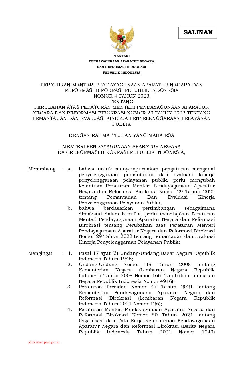 Peraturan Menteri Negara Pendayagunaan Aparatur Negara dan Reformasi Birokrasi No 4 tahun 2023 ...