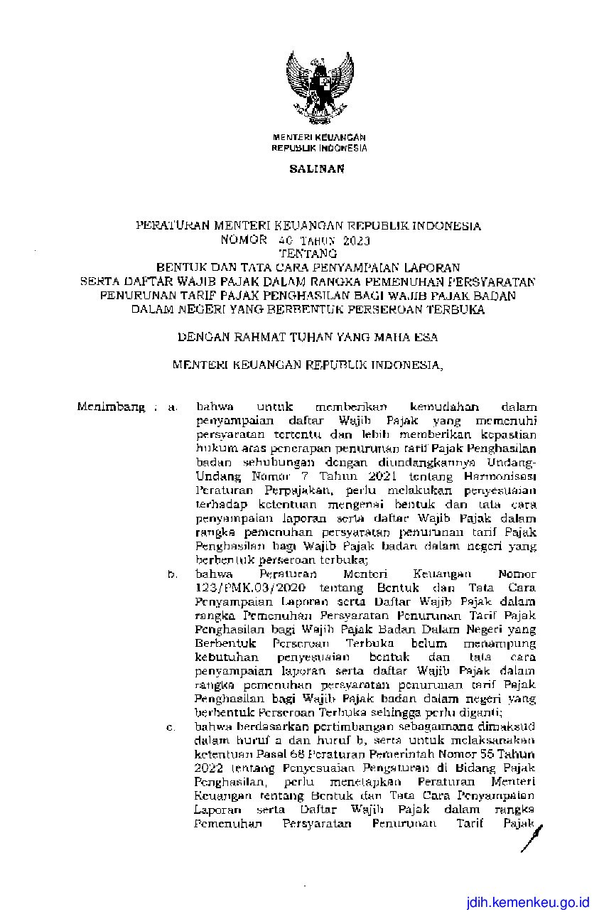 Peraturan Menteri Keuangan No 40 tahun 2023 tentang Bentuk dan Tata Cara Penyampaian Laporan ...