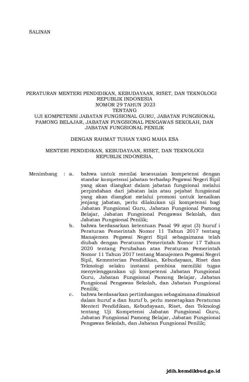 Peraturan Menteri Pendidikan, Kebudayaan, Riset, dan Teknologi (Dikbudristek) No 29 tahun 2023 ...