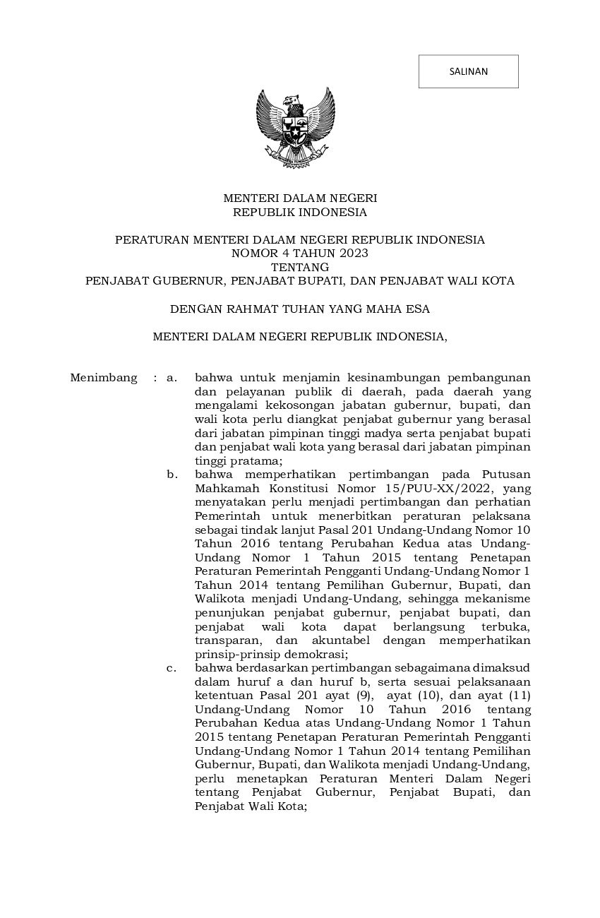 Peraturan Menteri Dalam Negeri No 4 tahun 2023 tentang Penjabat ... Peraturan Menteri Dalam Negeri No 4 tahun 2023 tentang Penjabat ...