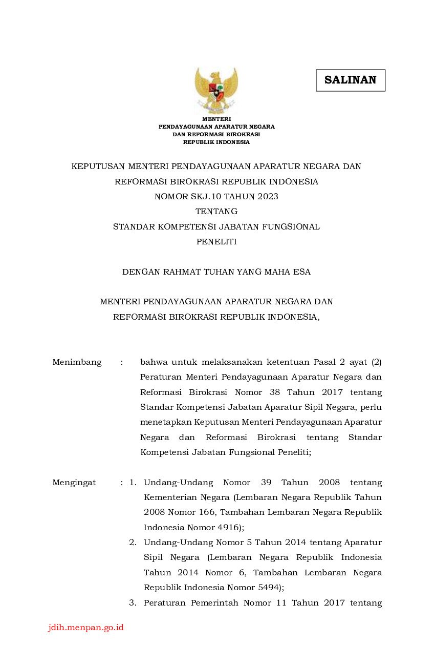 Keputusan Menteri Negara Pendayagunaan Aparatur Negara dan Reformasi Birokrasi No SKJ.10 tahun ...