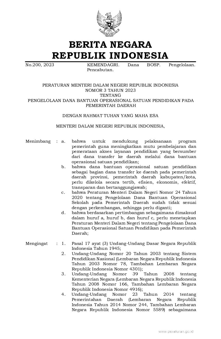 Peraturan Menteri Dalam Negeri No 3 tahun 2023 tentang Pengelolaan Dana ... Peraturan Menteri Dalam Negeri No 3 tahun 2023 tentang Pengelolaan Dana ...