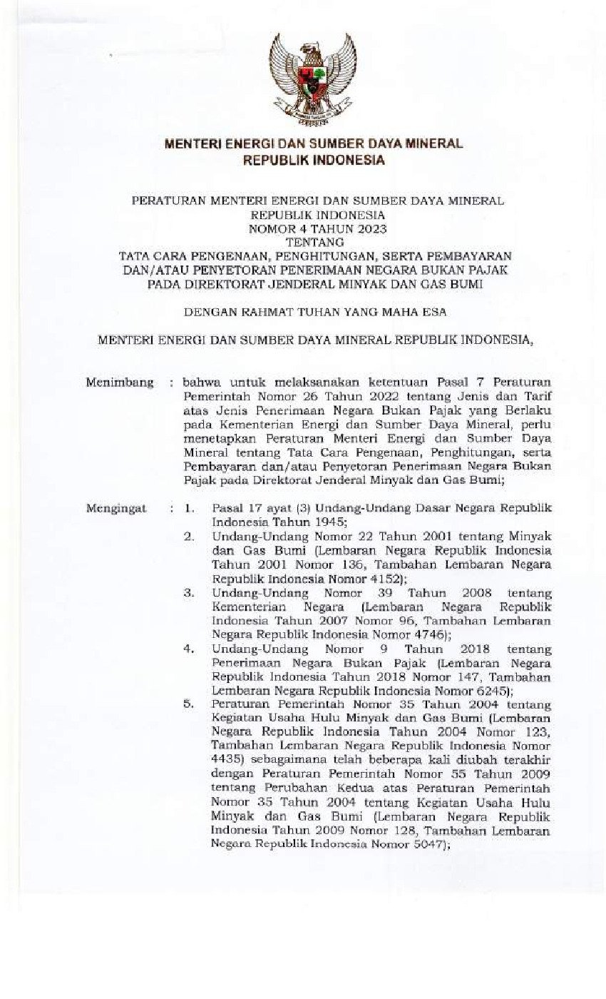 Peraturan Menteri Energi dan Sumber Daya Mineral No 4 tahun 2023 ... Peraturan Menteri Energi dan Sumber Daya Mineral No 4 tahun 2023 ...