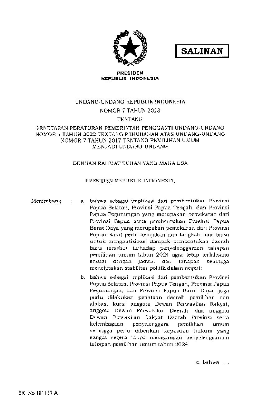 Undang-Undang No 7 tahun 2023 tentang Penetapan Peraturan Pemerintah ... Undang-Undang No 7 tahun 2023 tentang Penetapan Peraturan Pemerintah ...
