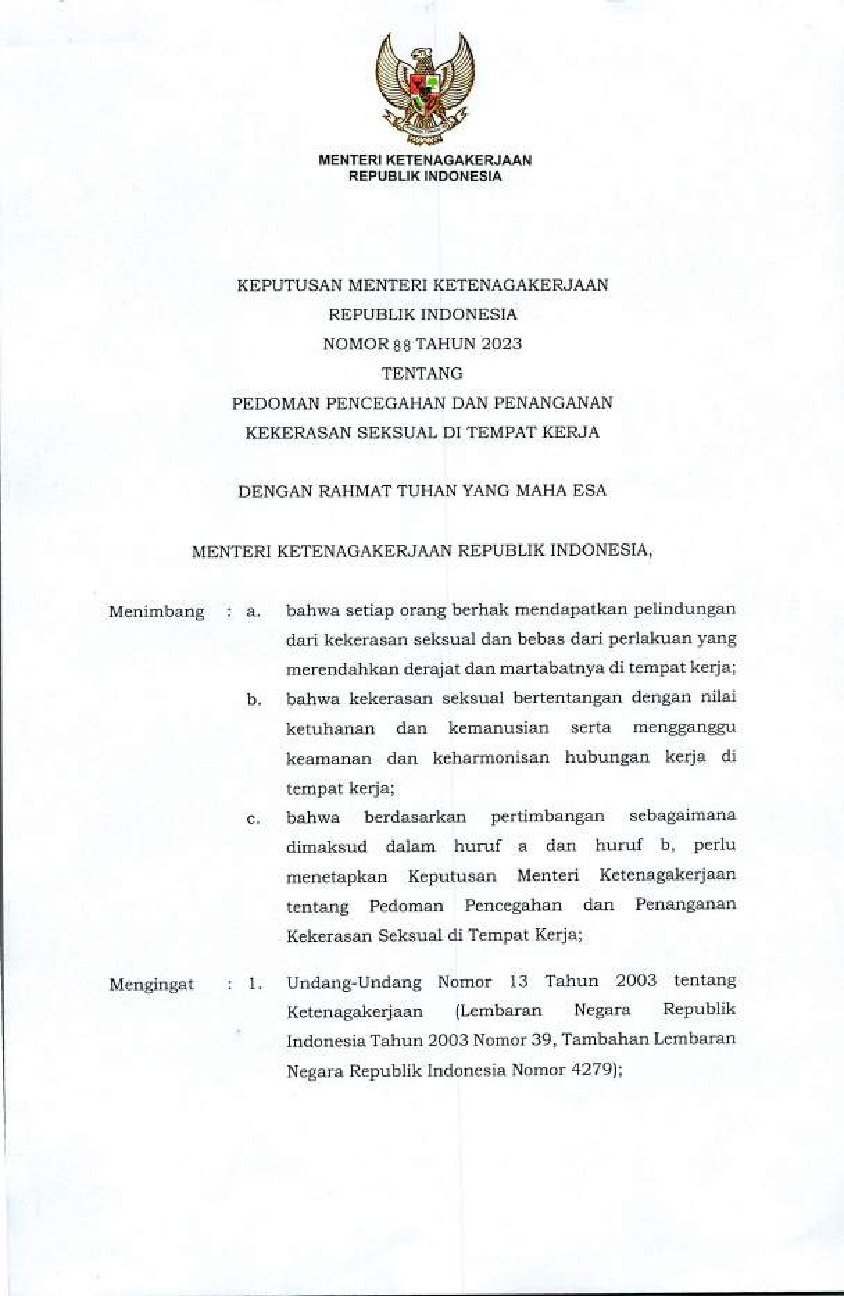 Keputusan Menteri Ketenagakerjaan No 88 Tahun 2023 Tentang Pedoman
