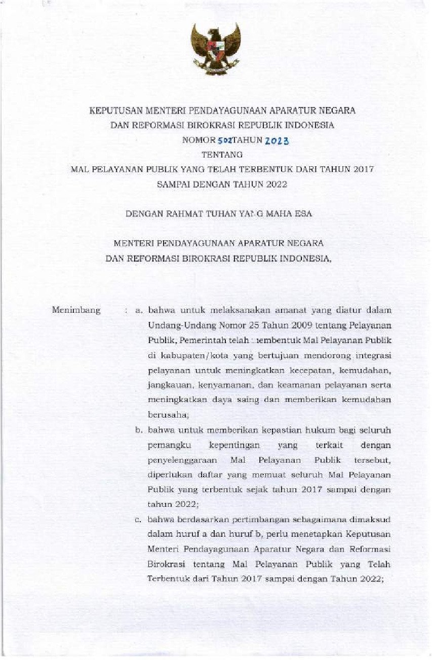 Keputusan Menteri Negara Pendayagunaan Aparatur Negara dan Reformasi Birokrasi No 502 tahun 2023 ...