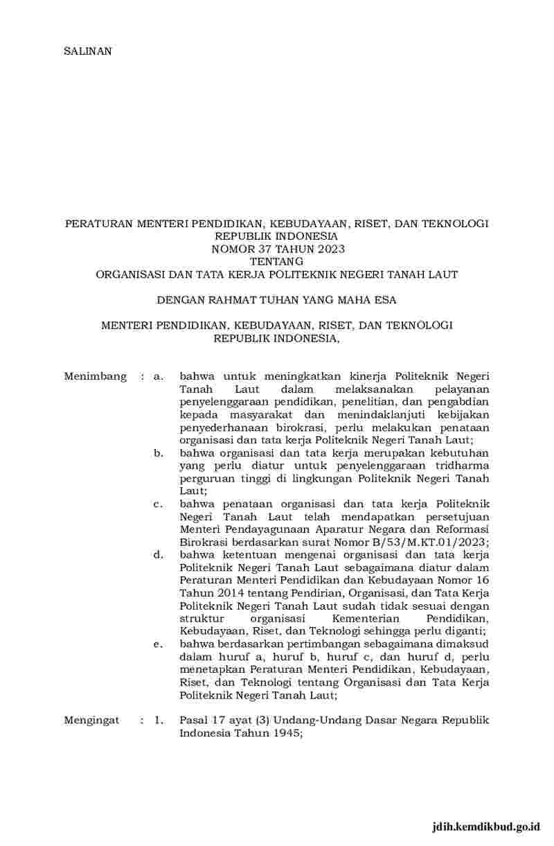 Peraturan Menteri Pendidikan, Kebudayaan, Riset, dan Teknologi (Dikbudristek) No 37 tahun 2023 ...