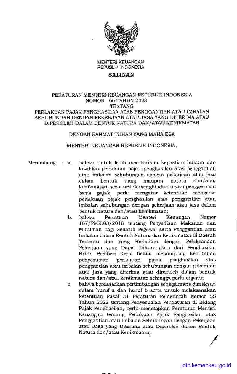 Peraturan Menteri Keuangan No 66 tahun 2023 tentang Perlakuan Pajak ... Peraturan Menteri Keuangan No 66 tahun 2023 tentang Perlakuan Pajak ...