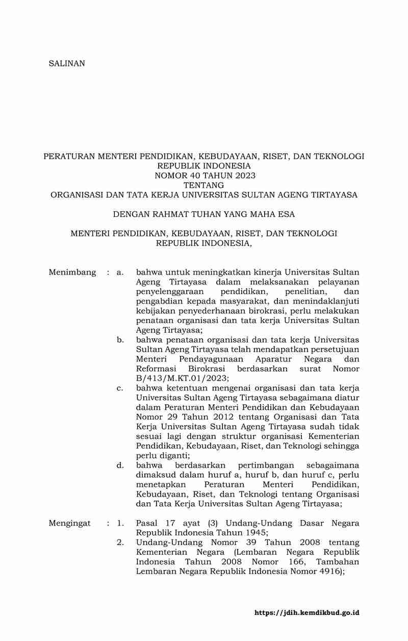 Peraturan Menteri Pendidikan, Kebudayaan, Riset, dan Teknologi (Dikbudristek) No 40 tahun 2023 ...