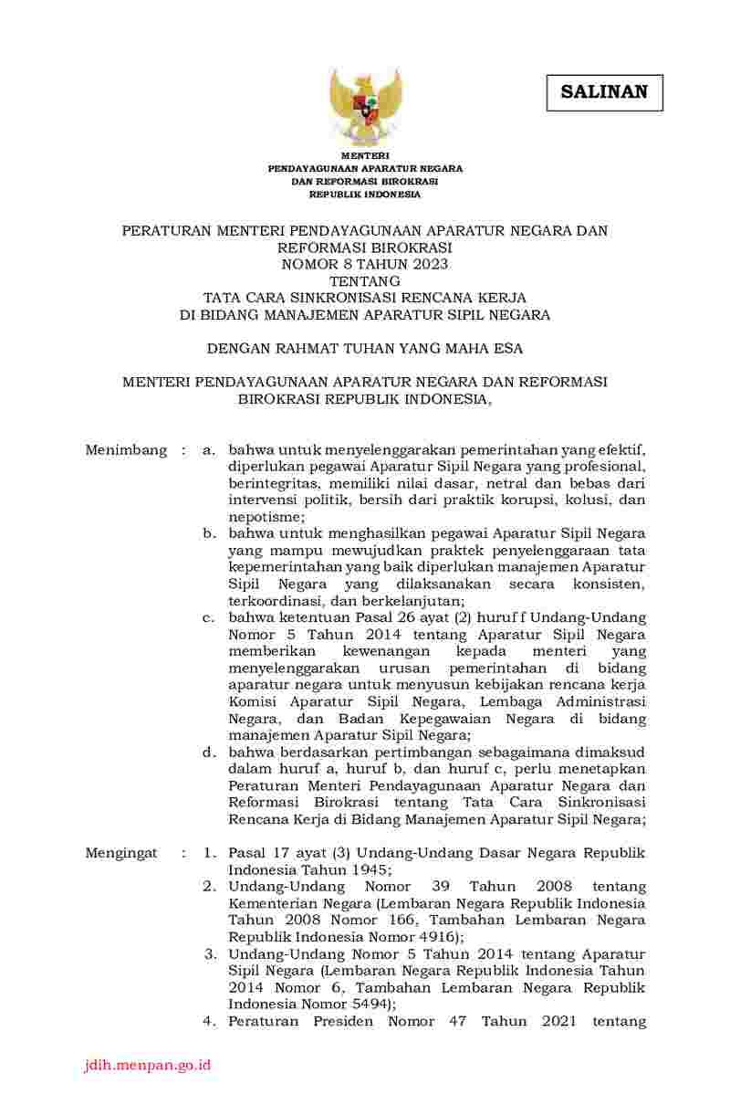 Peraturan Menteri Negara Pendayagunaan Aparatur Negara dan Reformasi Birokrasi No 8 tahun 2023 ...