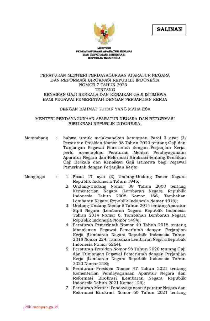 Peraturan Menteri Negara Pendayagunaan Aparatur Negara dan Reformasi Birokrasi No 7 tahun 2023 ...