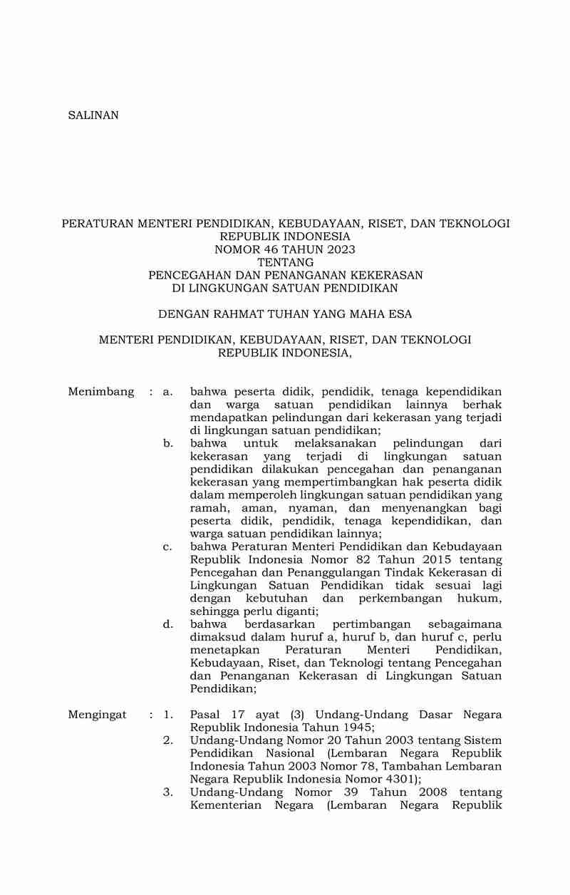 Peraturan Menteri Pendidikan, Kebudayaan, Riset, dan Teknologi (Dikbudristek) No 46 tahun 2023 ...