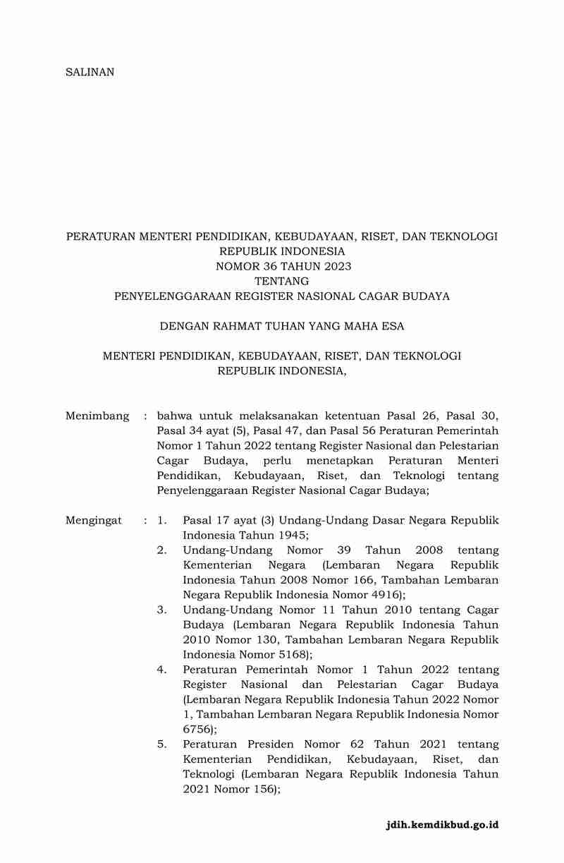 Peraturan Menteri Pendidikan, Kebudayaan, Riset, dan Teknologi (Dikbudristek) No 36 tahun 2023 ...