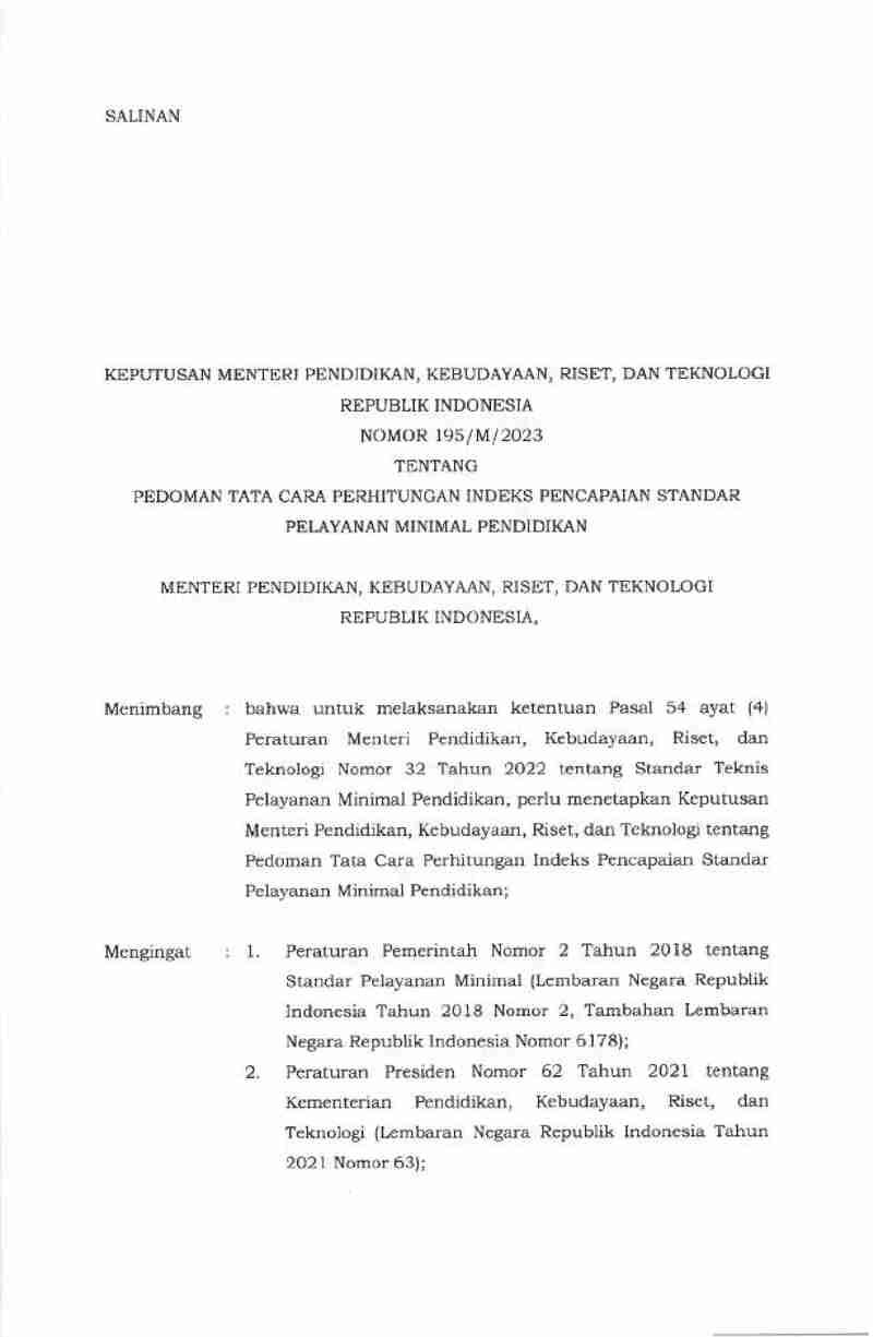 Keputusan Menteri Pendidikan, Kebudayaan, Riset, dan Teknologi (Dikbudristek) No 195/M/2023 ...