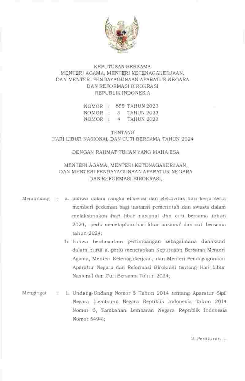 Keputusan Menteri Ketenagakerjaan No 3 tahun 2023 tentang Hari Libur ... Keputusan Menteri Ketenagakerjaan No 3 tahun 2023 tentang Hari Libur ...