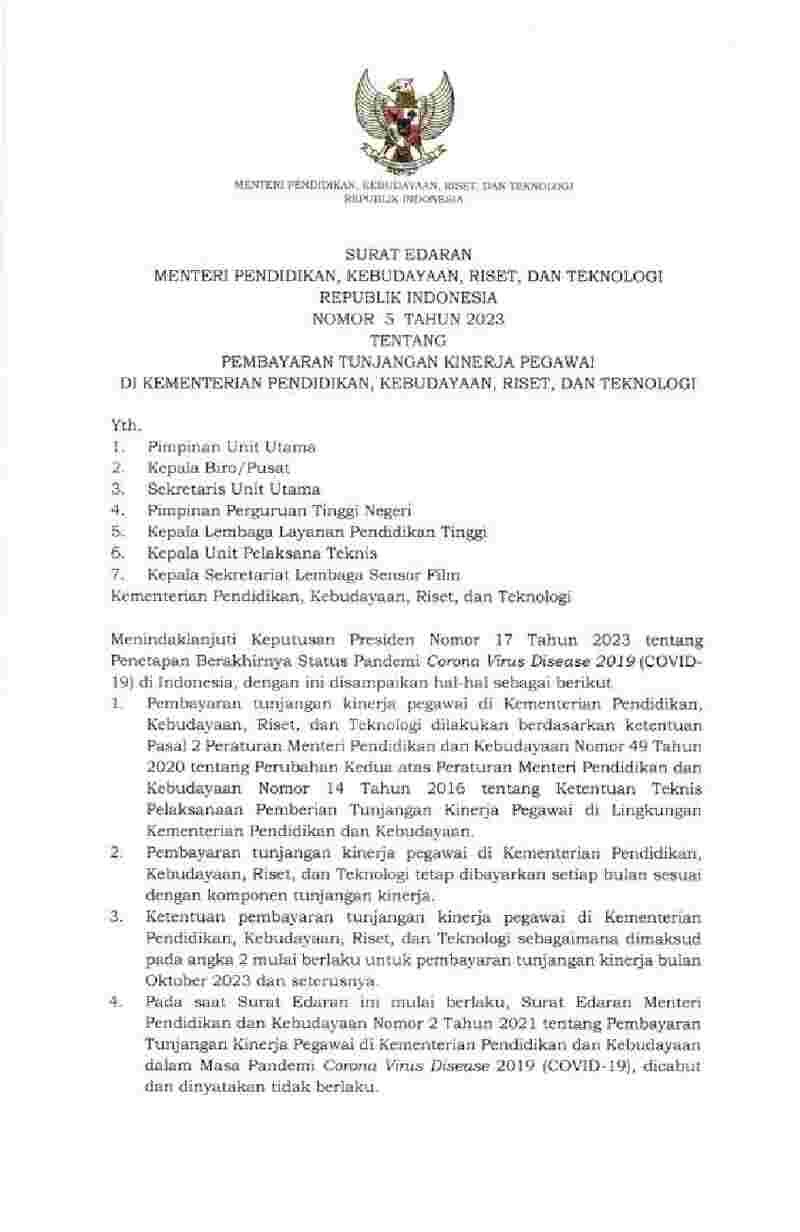 Surat Edaran Menteri Pendidikan, Kebudayaan, Riset, dan Teknologi (Dikbudristek) No 5 tahun 2023 ...