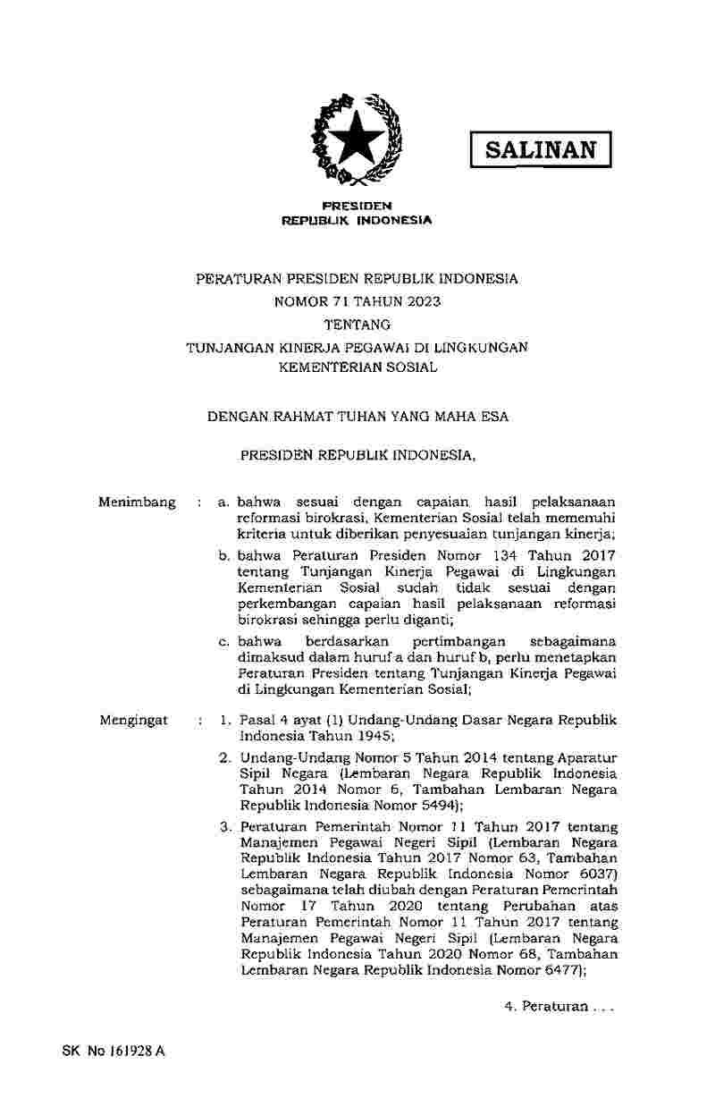 Peraturan Presiden No 71 Tahun 2023 Tentang Tunjangan Kinerja Pegawai