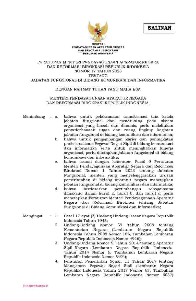 Peraturan Menteri Negara Pendayagunaan Aparatur Negara dan Reformasi Birokrasi No 17 tahun 2023 ...