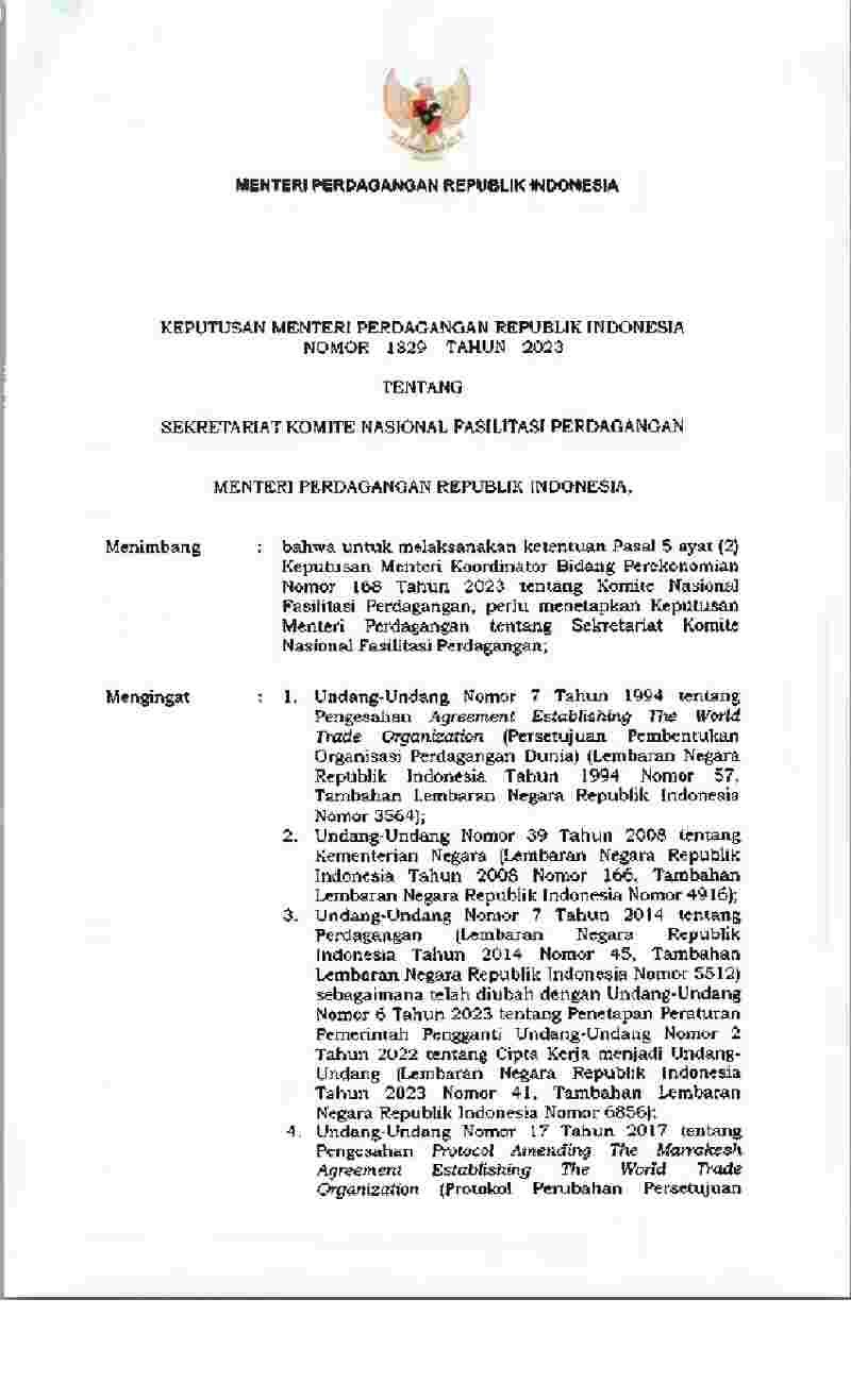 Keputusan Menteri Perdagangan No 1829 Tahun 2023 Tentang Sekretariat