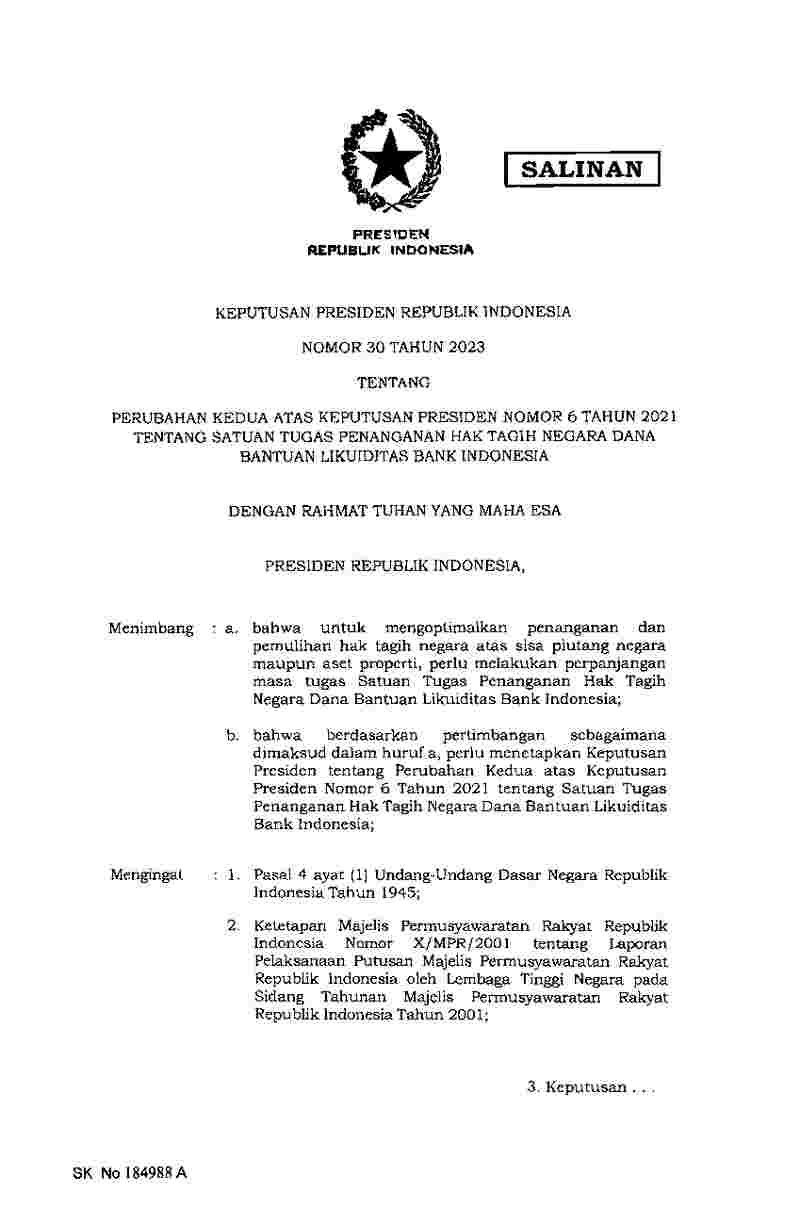 Keputusan Presiden No 30 tahun 2023 tentang Perubahan Kedua atas ...