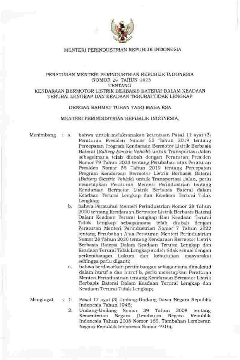Peraturan Menteri Perindustrian No 29 Tahun 2023 Tentang Kendaraan