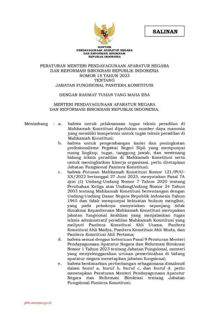 Peraturan Menteri Negara Pendayagunaan Aparatur Negara dan Reformasi Birokrasi No 18 tahun 2023 ...