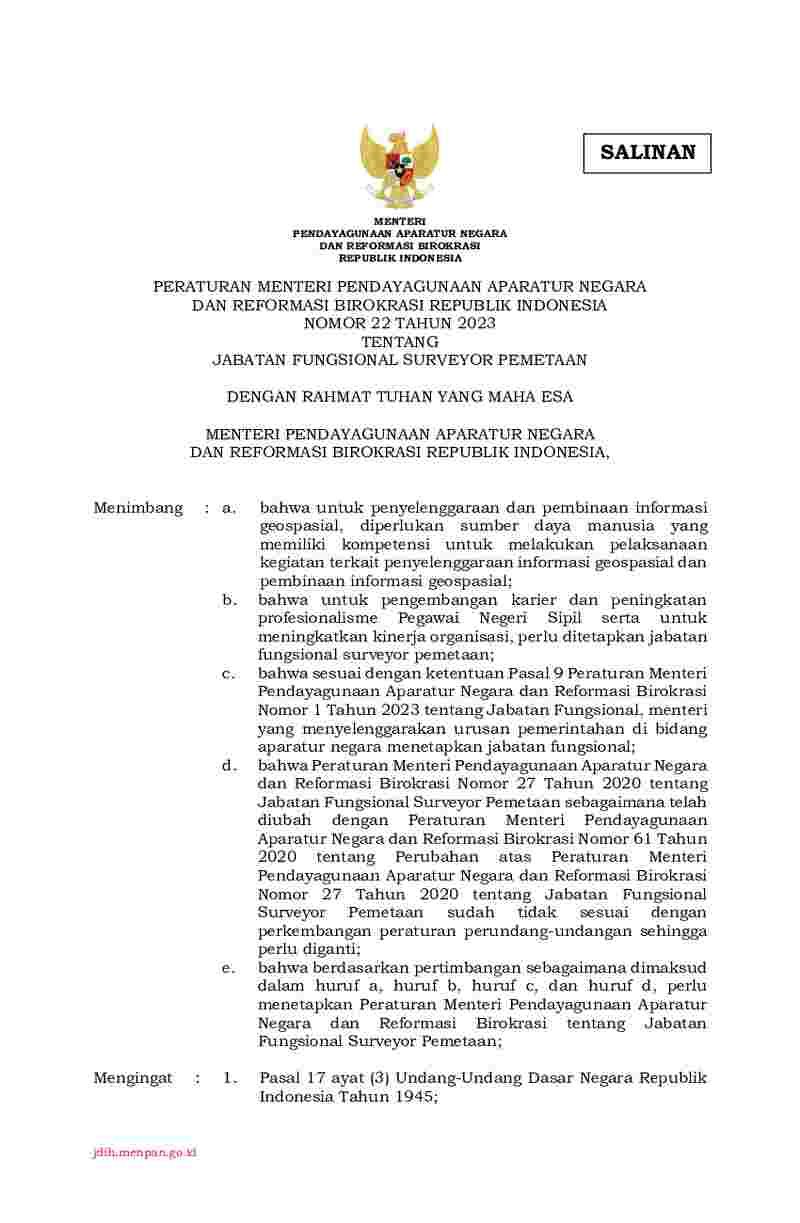 Peraturan Menteri Negara Pendayagunaan Aparatur Negara dan Reformasi Birokrasi No 22 tahun 2023 ...