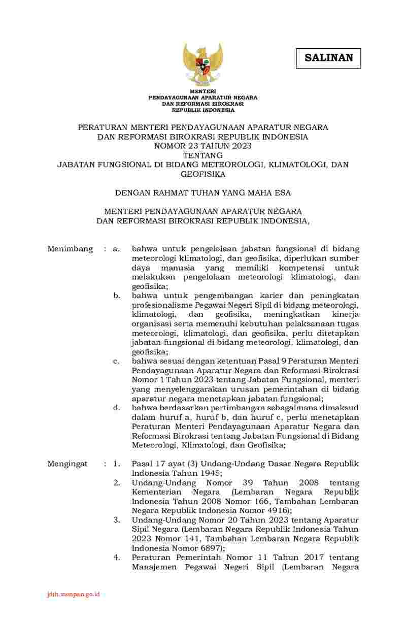 Peraturan Menteri Negara Pendayagunaan Aparatur Negara dan Reformasi Birokrasi No 23 tahun 2023 ...