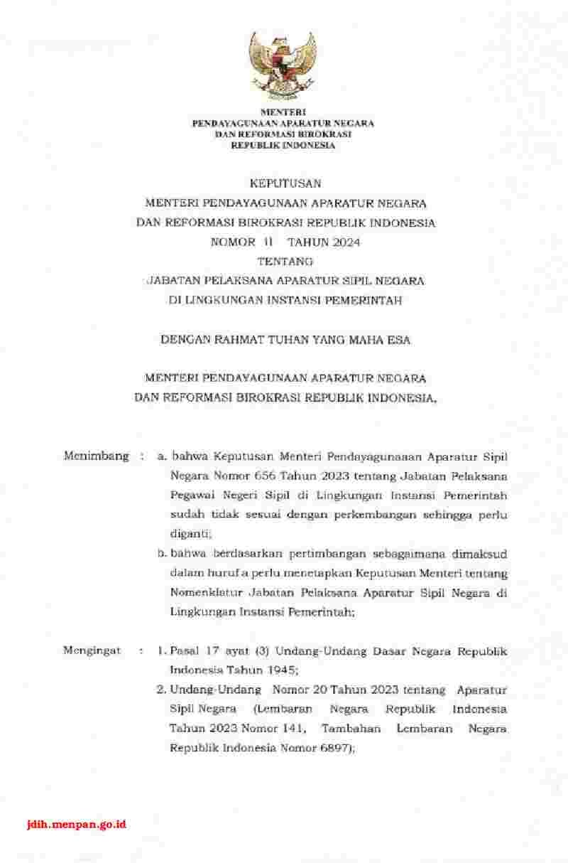 Keputusan Menteri Negara Pendayagunaan Aparatur Negara dan Reformasi Birokrasi No 11 tahun 2024 ...