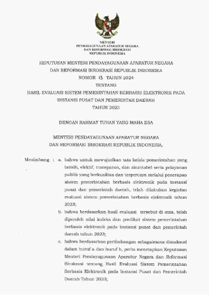 Keputusan Menteri Negara Pendayagunaan Aparatur Negara dan Reformasi Birokrasi No 13 tahun 2024 ...