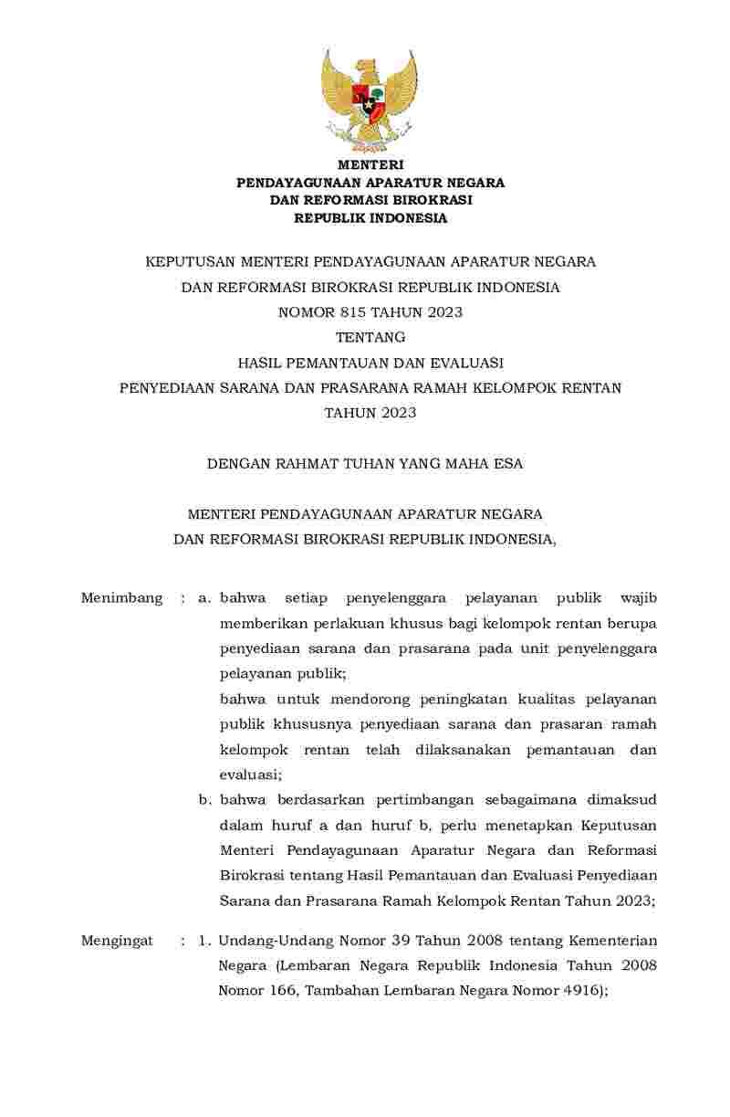 Keputusan Menteri Negara Pendayagunaan Aparatur Negara dan Reformasi Birokrasi No 815 tahun 2023 ...