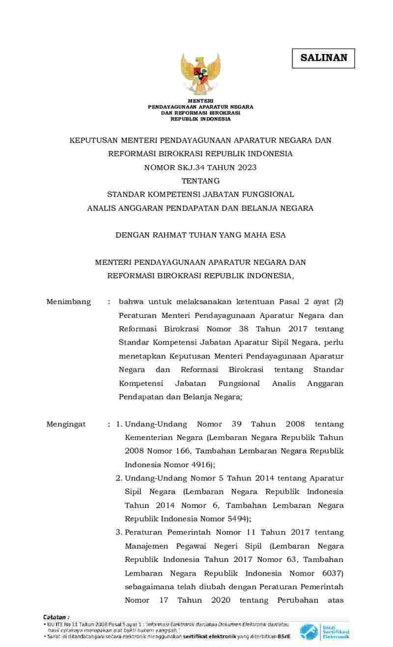 Keputusan Menteri Negara Pendayagunaan Aparatur Negara dan Reformasi Birokrasi No SKJ.34 tahun ...