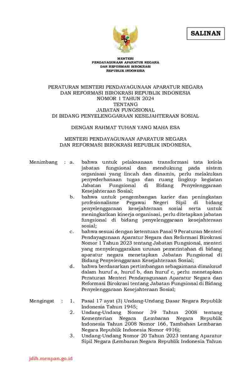 Peraturan Menteri Negara Pendayagunaan Aparatur Negara dan Reformasi Birokrasi No 1 tahun 2024 ...