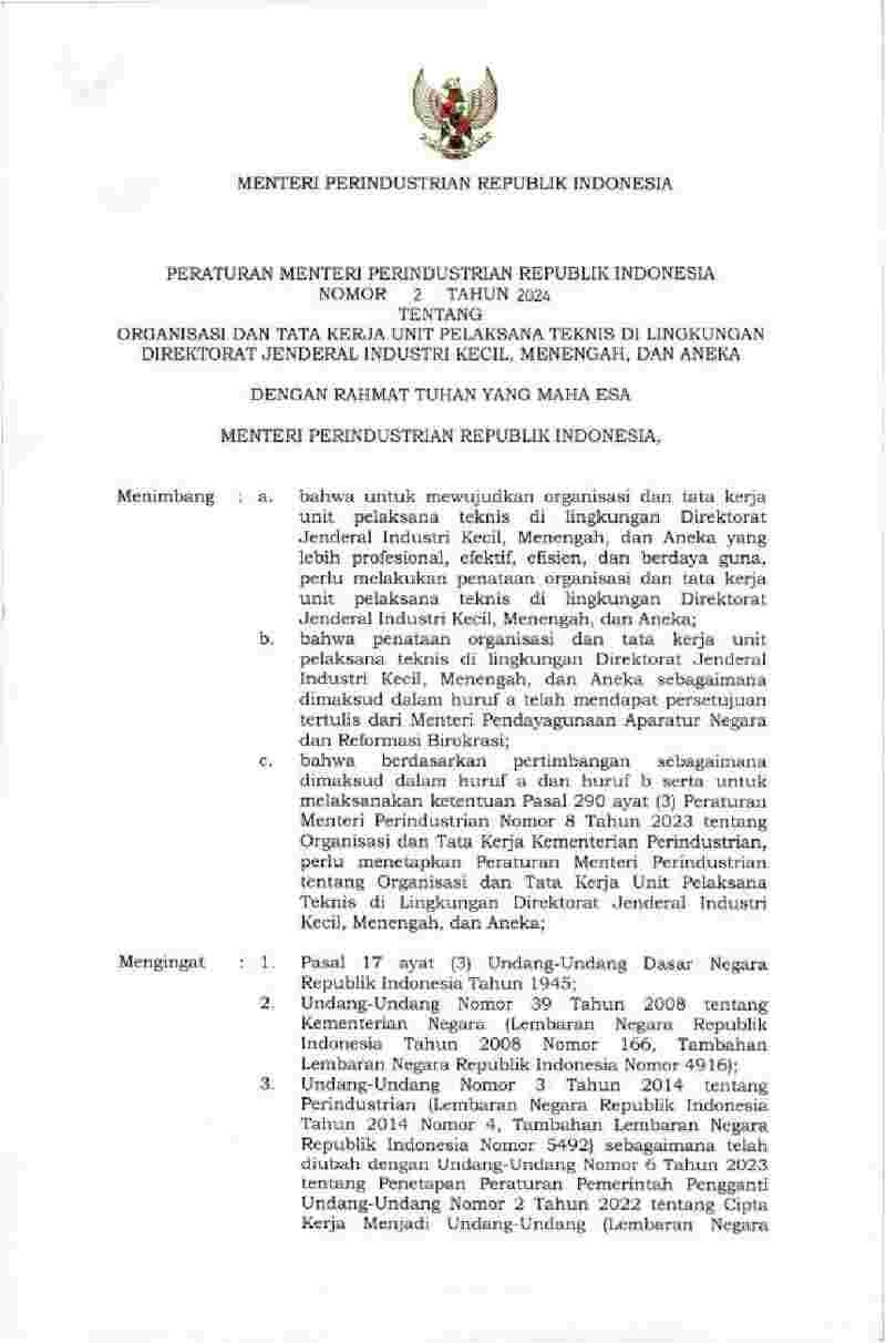 Peraturan Menteri Perindustrian No 2 Tahun 2024 Tentang Organisasi Dan Tata Kerja Unit Pelaksana 