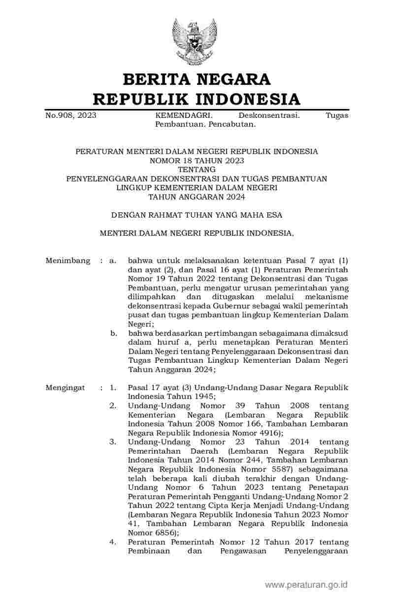 Peraturan Menteri Dalam Negeri No 18 tahun 2023 tentang Penyelenggaraan Dekonsentrasi dan Tugas ...