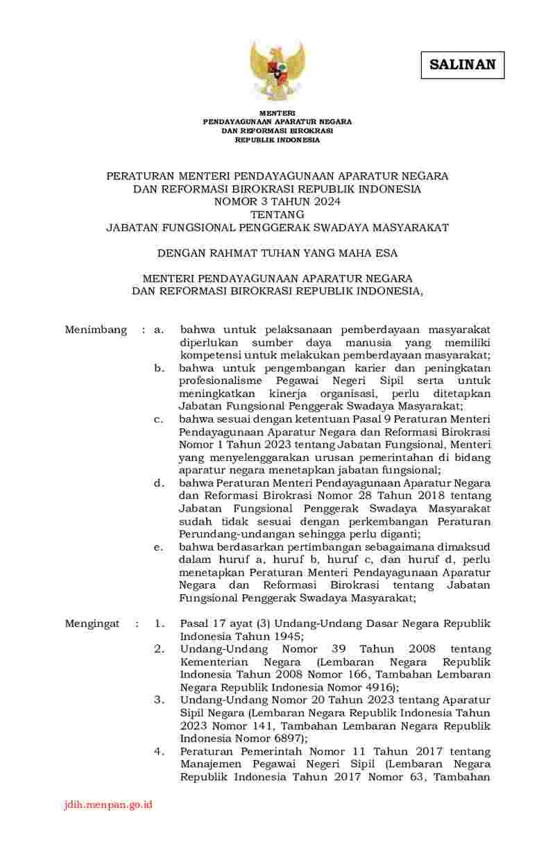Peraturan Menteri Negara Pendayagunaan Aparatur Negara dan Reformasi Birokrasi No 3 tahun 2024 ...