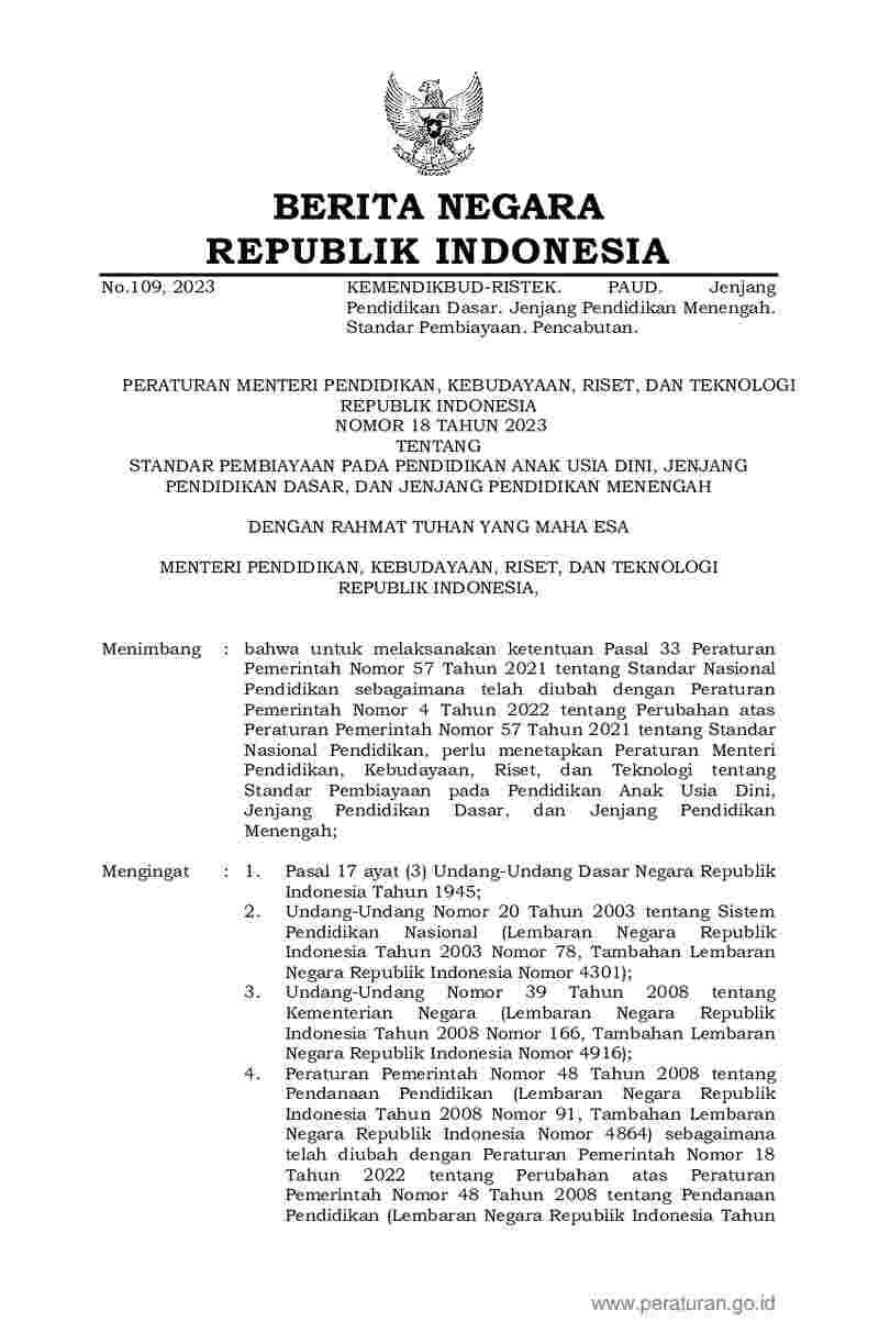 Peraturan Menteri Pendidikan, Kebudayaan, Riset, dan Teknologi (Dikbudristek) No 18 tahun 2023 ...