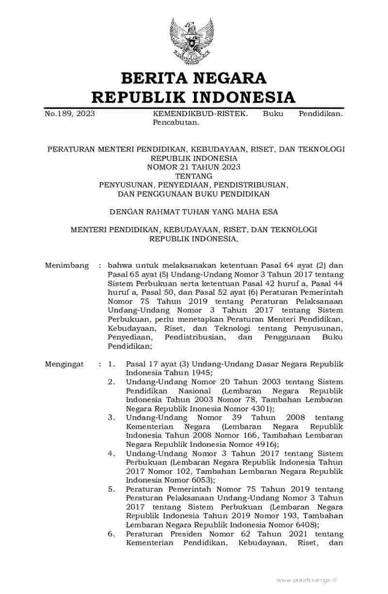 Peraturan Menteri Pendidikan, Kebudayaan, Riset, dan Teknologi (Dikbudristek) No 21 tahun 2023 ...