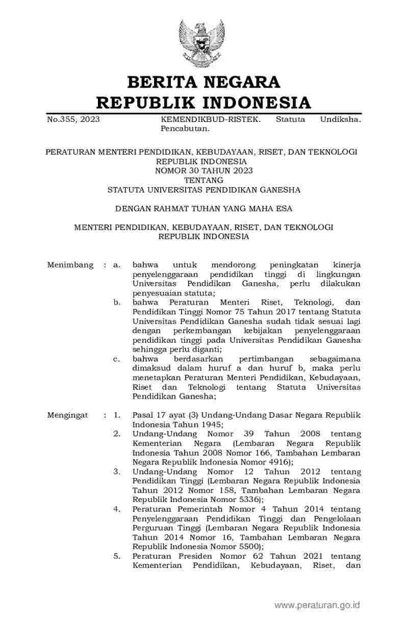Peraturan Menteri Pendidikan, Kebudayaan, Riset, dan Teknologi (Dikbudristek) No 30 tahun 2023 ...