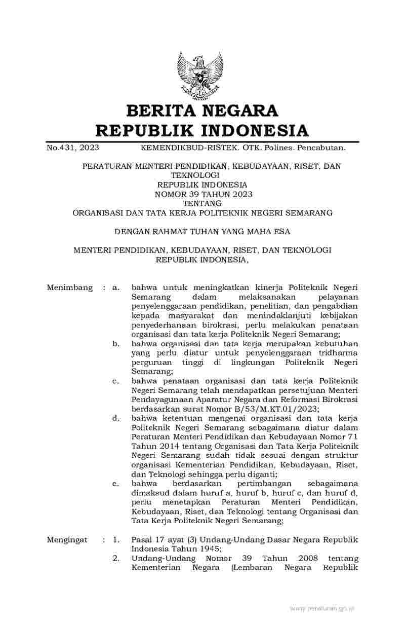 Peraturan Menteri Pendidikan, Kebudayaan, Riset, dan Teknologi (Dikbudristek) No 39 tahun 2023 ...