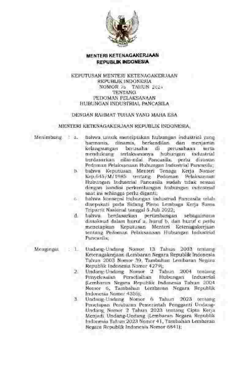 Keputusan Menteri Ketenagakerjaan No 76 Tahun 2024 Tentang Pedoman