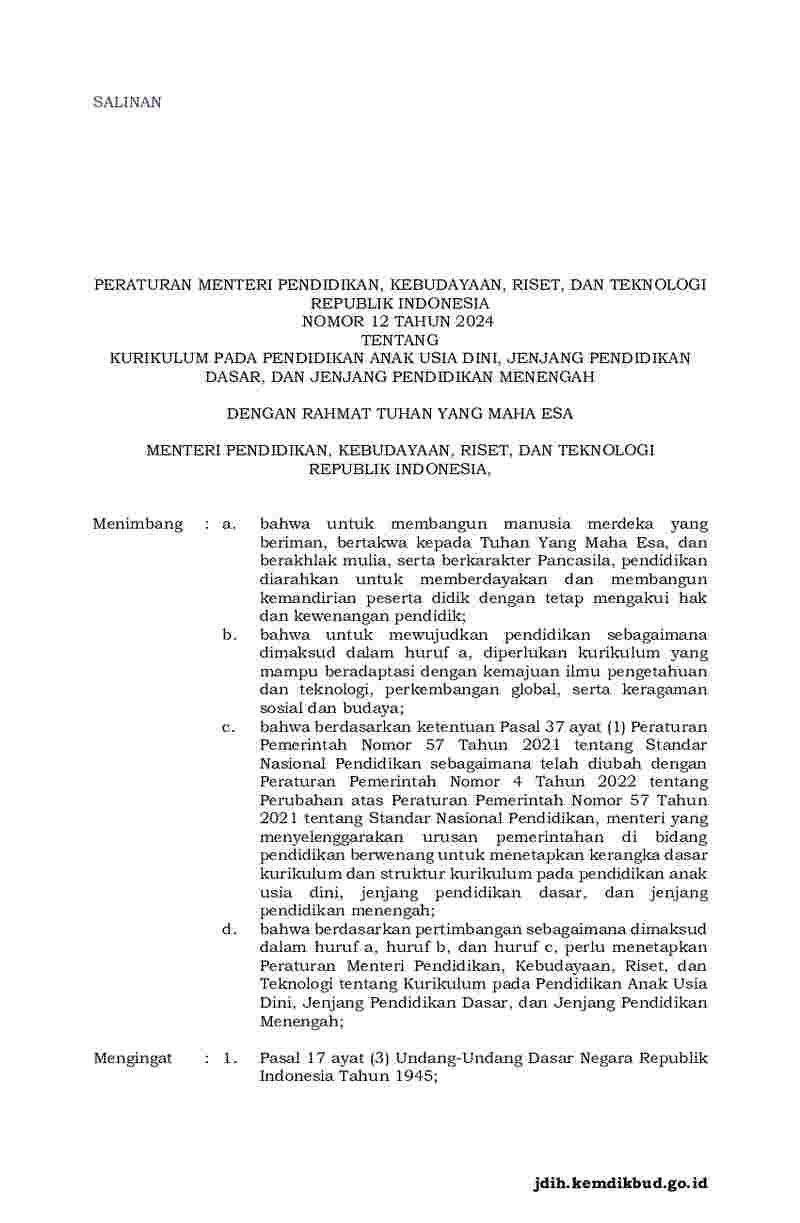 Peraturan Menteri Pendidikan, Kebudayaan, Riset, dan Teknologi (Dikbudristek) No 12 tahun 2024 ...